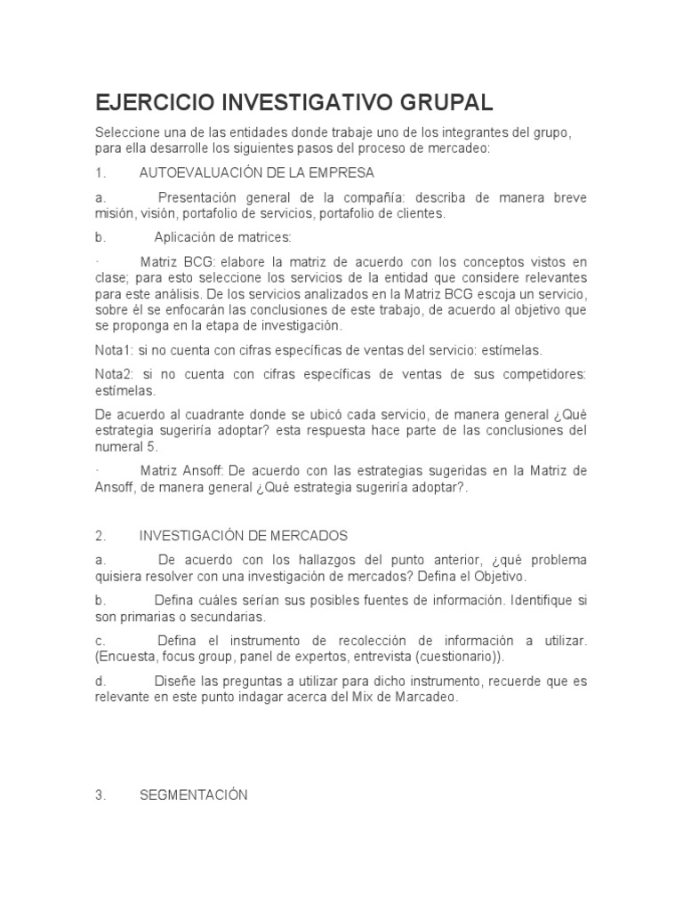 Ejercicio Investigativo Grupal | PDF | Investigación de mercado | Marketing