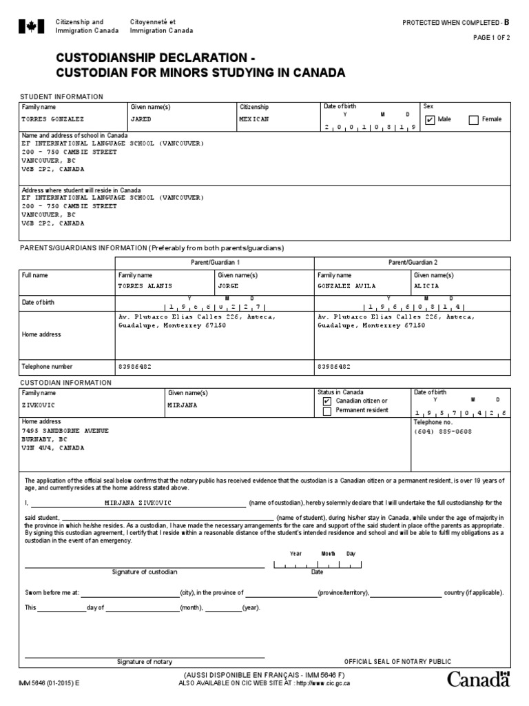 IMM 5646E - Custodianship Declaration - Custodian or Parents ...