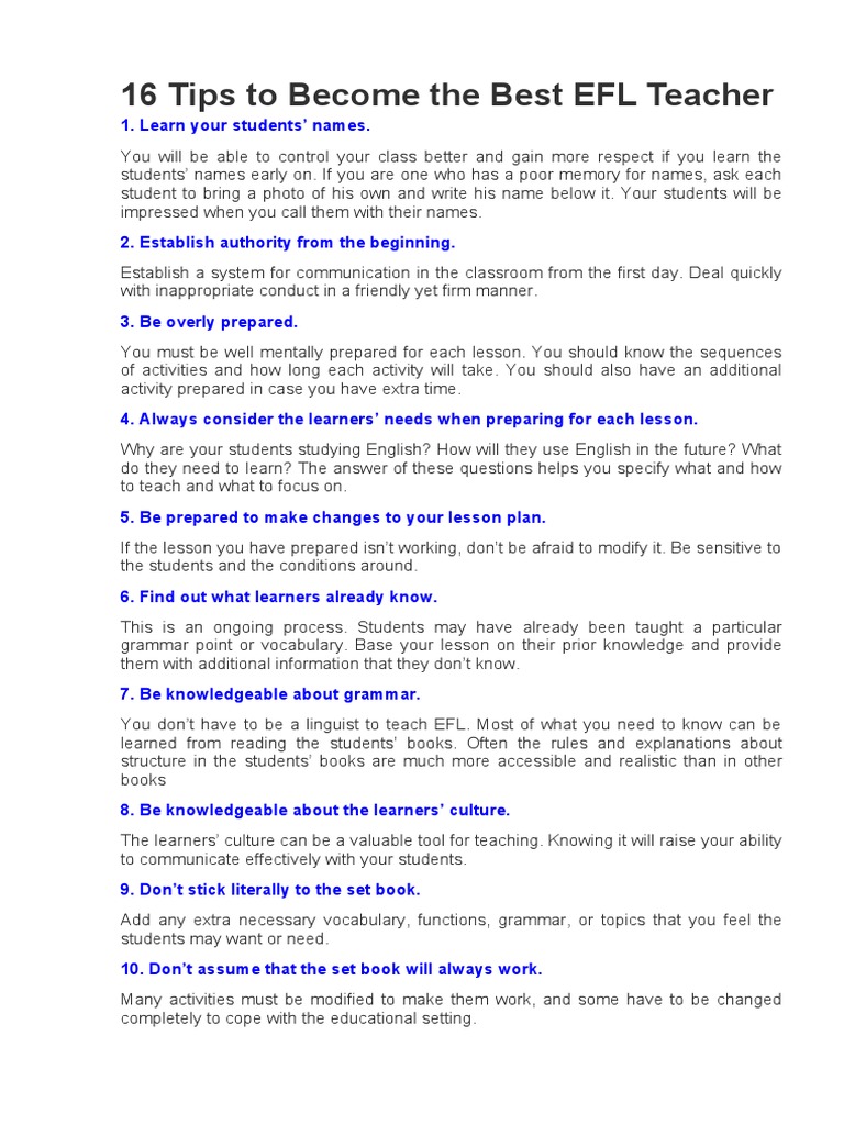 16 Tips To Become The Best EFL Teacher | PDF | Teaching Method ...