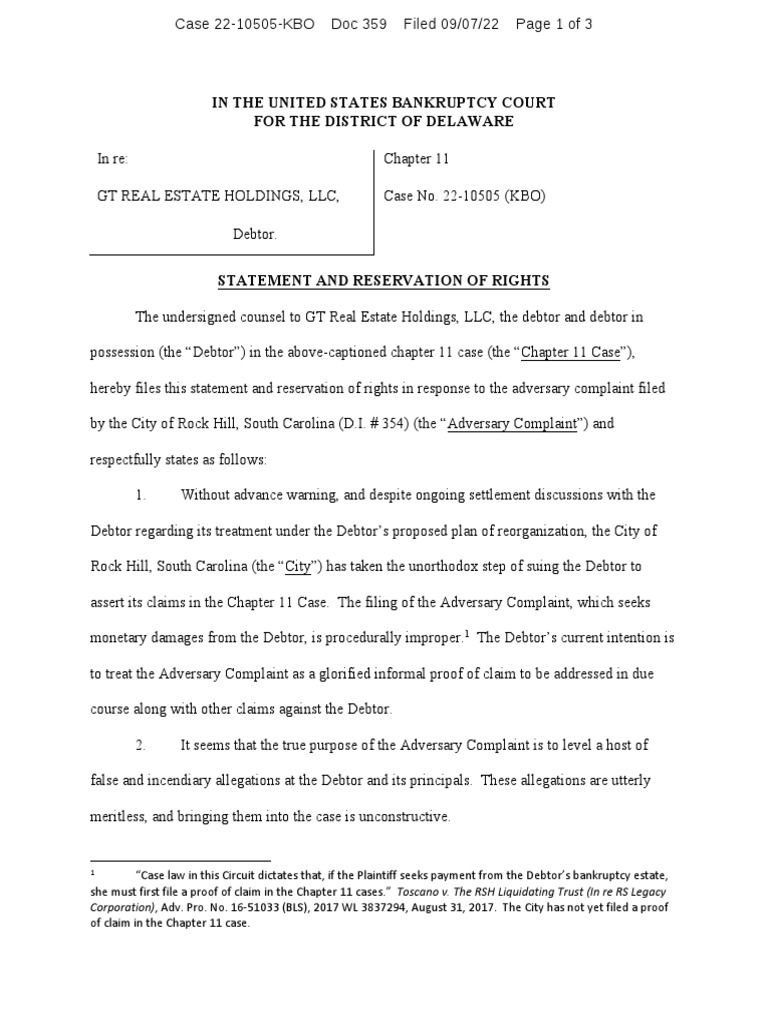 Statement and Reservation of Rights | PDF | Chapter 11 | Bankruptcy