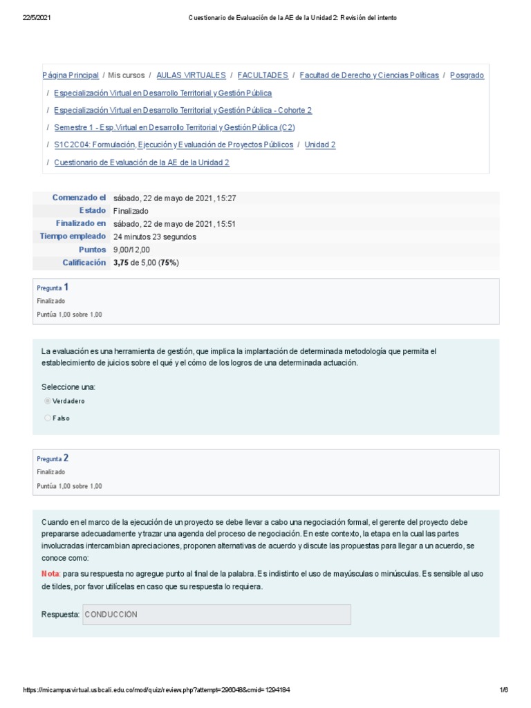 Cuestionario De Evaluación De La Ae De La Unidad 2 Revisión Del