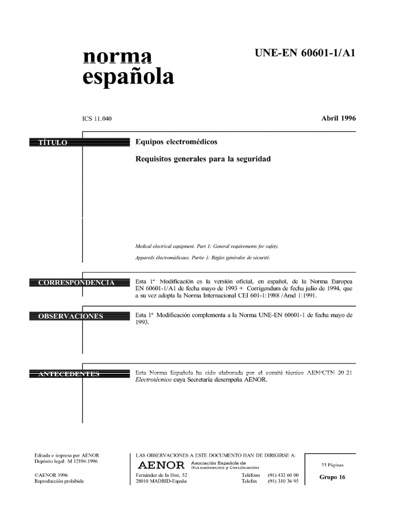 UNE 60601-1 Requisitos Generales para La Seguridad y Funcionamiento Esencial A1 | PDF