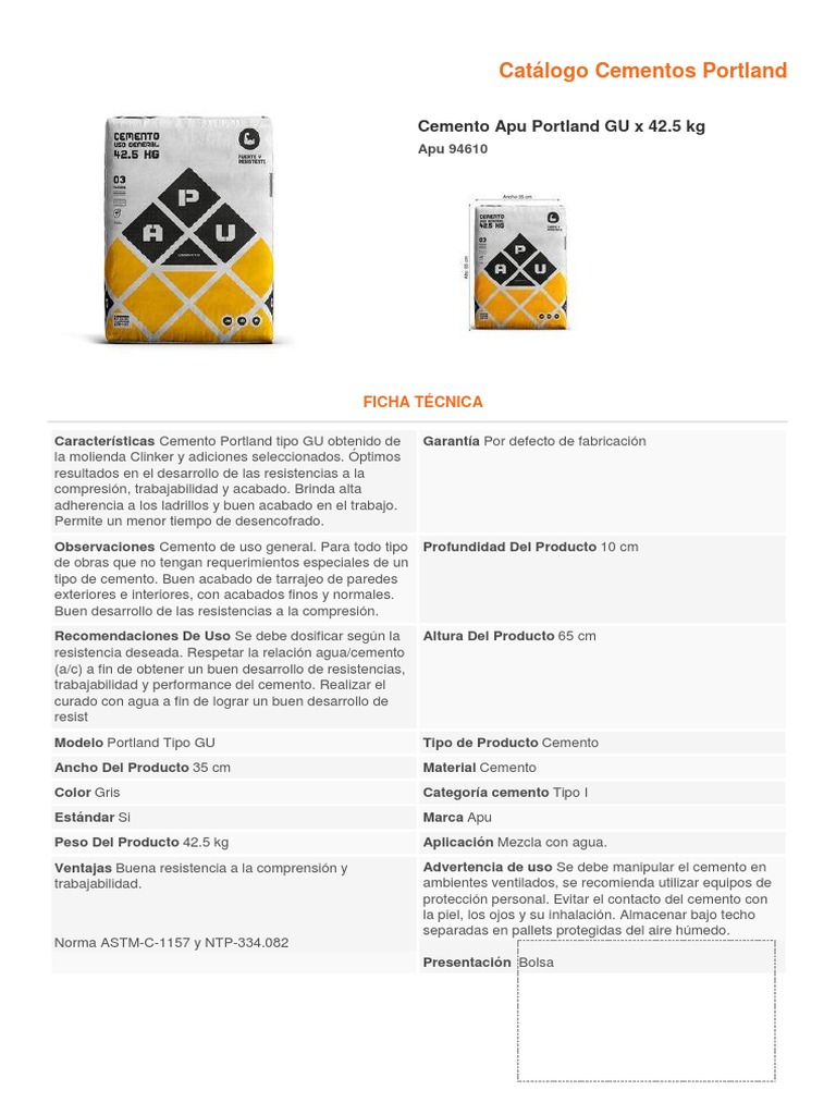 Ficha Tecnica Cemento Apu | Descargar gratis PDF | Cemento | Materiales