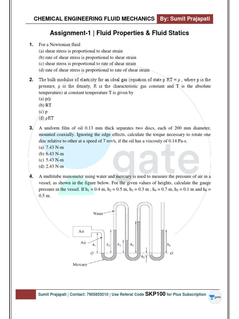 Fluid Mechanics Assignments | PDF | Pressure | Pressure Measurement