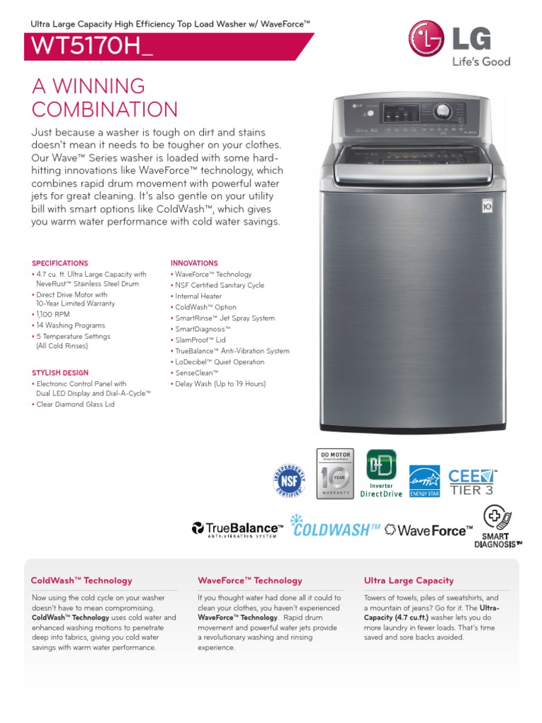 LG - WT5170 Washer Spec Sheet | PDF | Washing Machine | Manufactured Goods