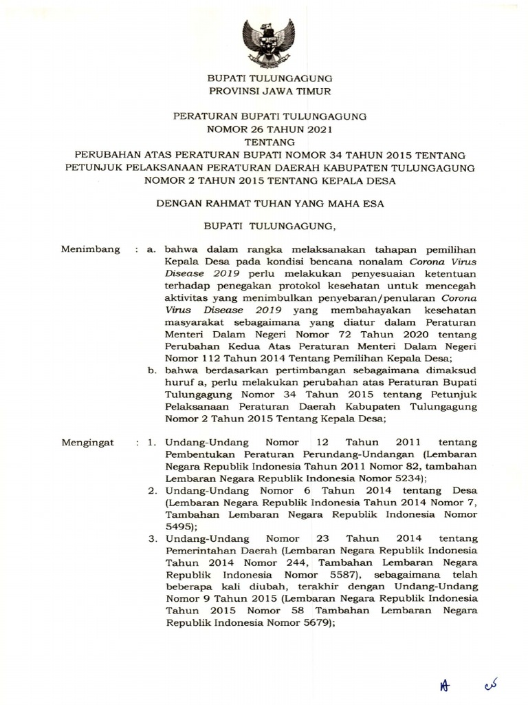 Perbup Nomor 26 Tahun 2021 Tentang Perbahan Perbup No 34 TH 2015 TTG ...