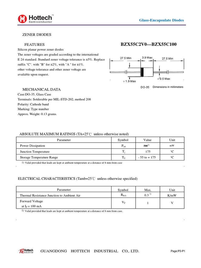 Hottech BZX55C | PDF | Diode | Semiconductors