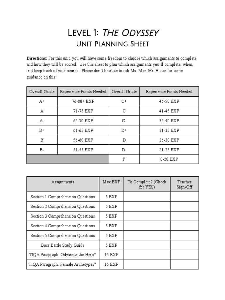 Level 1 The Odyssey Student Planning | PDF | Odyssey