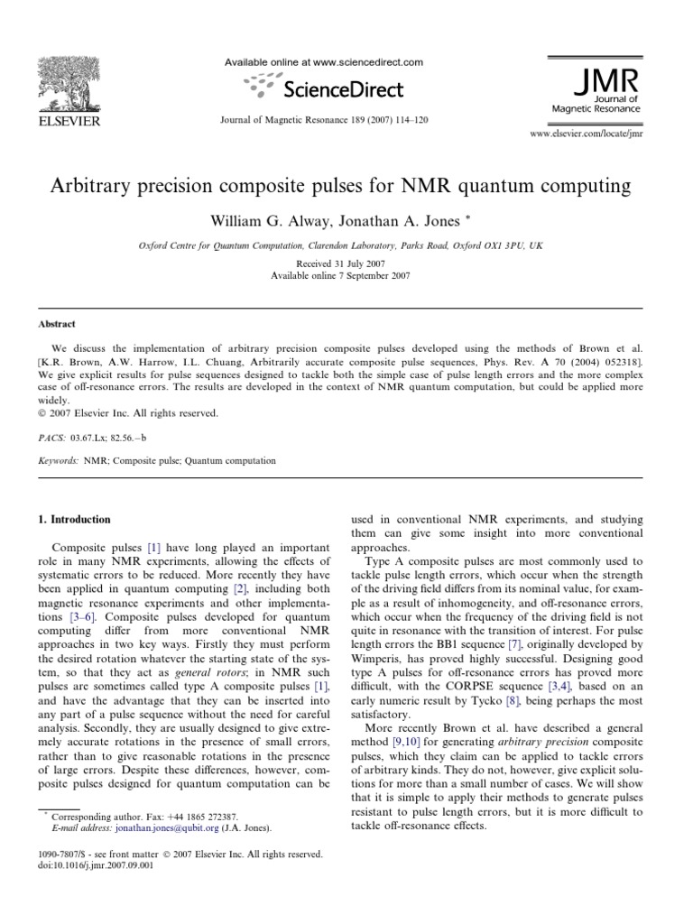 Arbitrary Precision Composite Pulses For NMR Quantum Computing (Journal ...