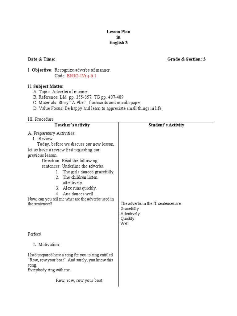 Detailed Lesson Plan Eng. 3 | PDF | Adverb