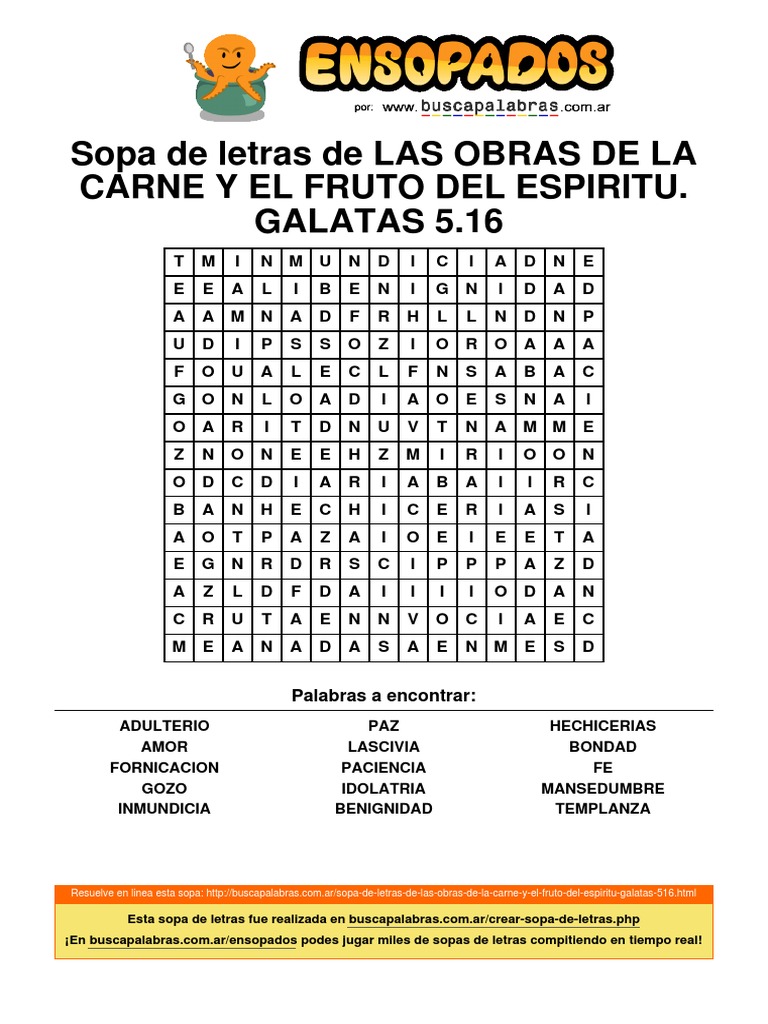 Sopa de Letras de Las Obras de La Carne y El Fruto Del Espiritu Galatas ...