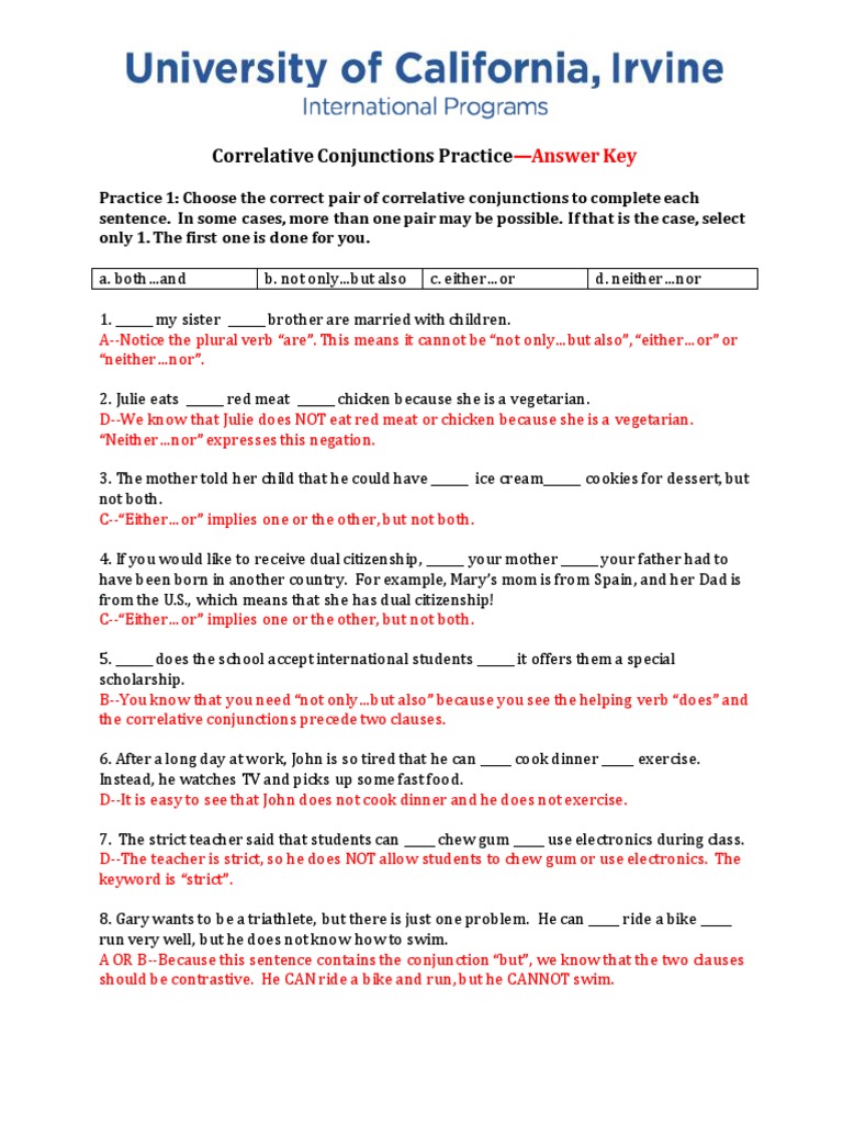 D Correlative Conjunctions Practice Key | PDF | Grammar | Language ...