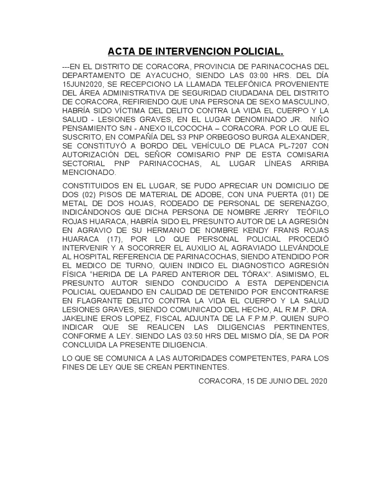 Acta de Intervencion Policial Cia PNP Coracora | PDF | La violencia contra las mujeres | Policía