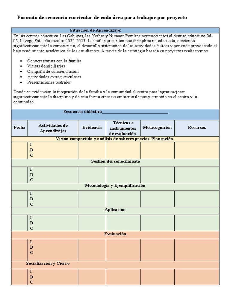 Formato de Secuencia Curricular de Cada Área para Trabajar Por Proyecto ...