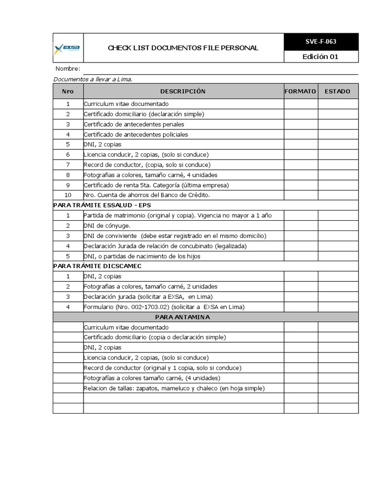 SVE-F-063 Check List Documentos File Personal | PDF