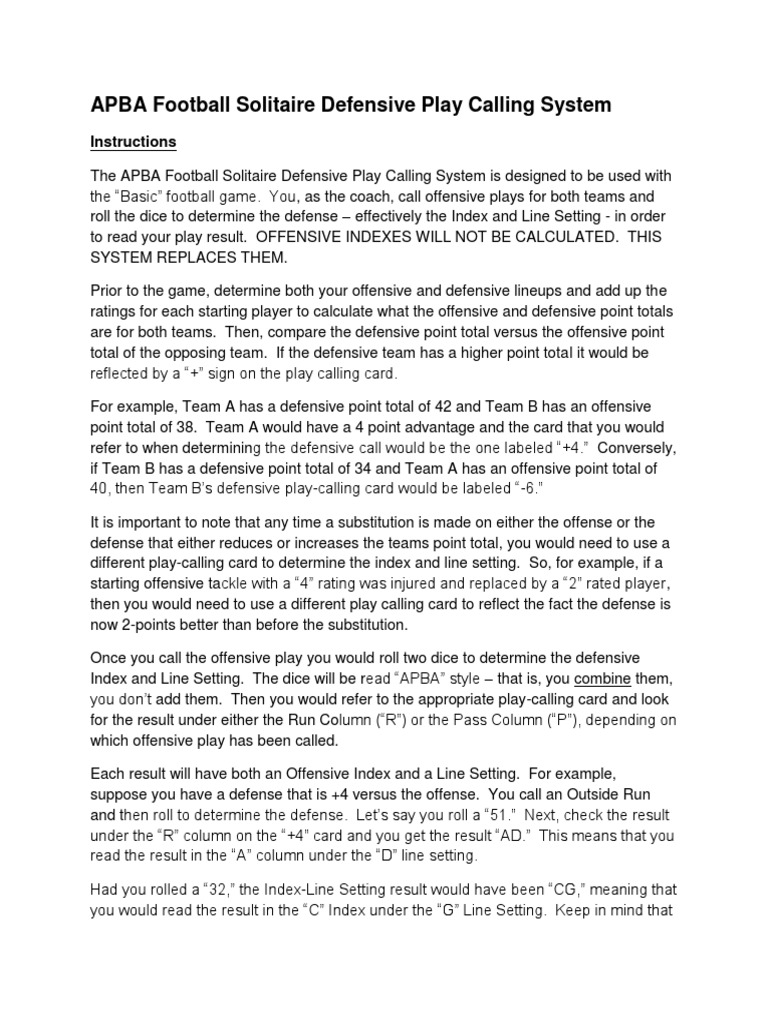 APBA Football Solitaire Defensive Play Calling System | PDF | Gaming