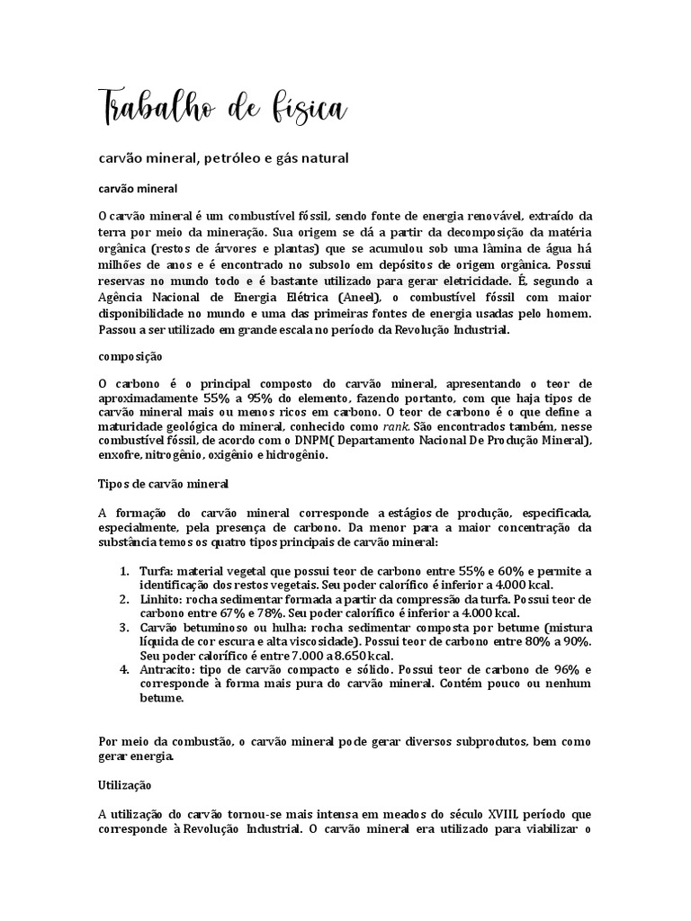 Carvão Mineral: Tipos e Utilização | PDF | Carvão | Combustíveis fósseis