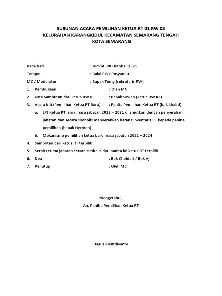 Susunan Acara Pemilihan Ketua RT 01 RW 03 | PDF