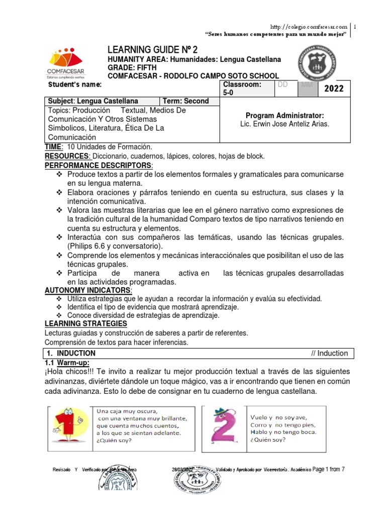 Guía 2 Quinto Castellano Erwin José 2P 2022 | PDF | Asunto (gramática ...