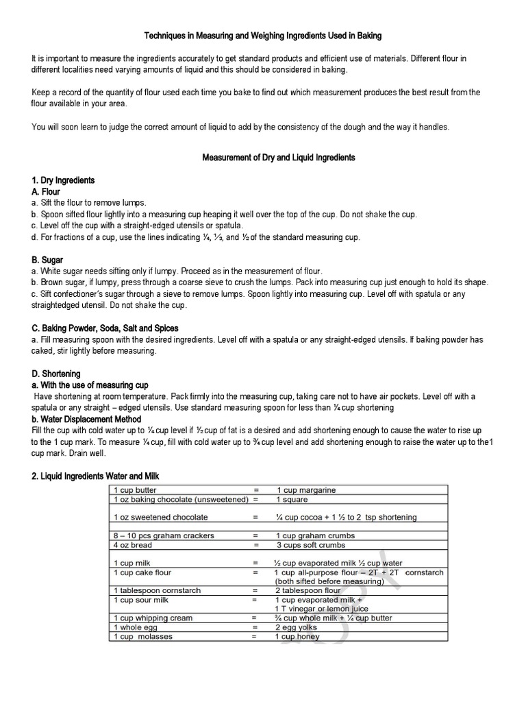 Techniques in Measuring and Weighing Ingredients Used in Baking | PDF ...