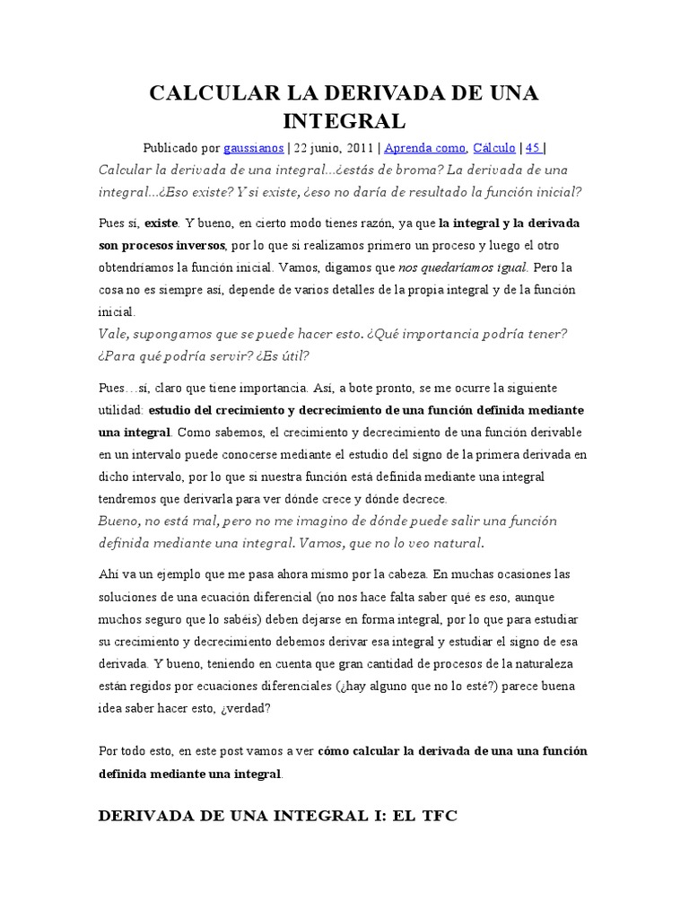 Calcular La Derivada de Una Integral | PDF | Integral | Derivado