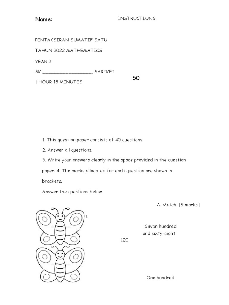 Year 2 Mathematics Assessment 2022 | PDF
