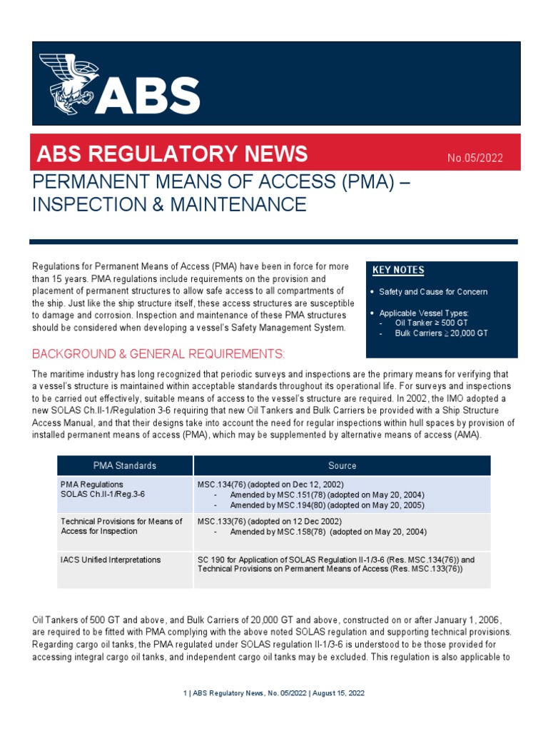 Abs Regulatory News: Permanent Means of Access (Pma) - Inspection ...