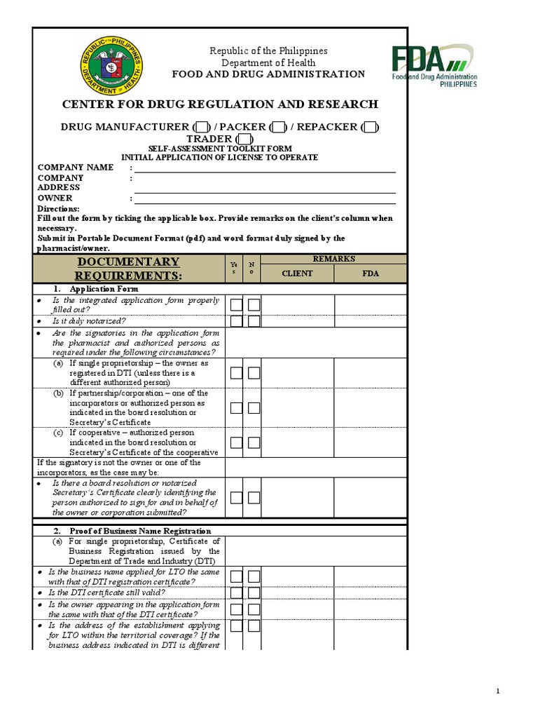 FDA License Application Self-Assessment Form | PDF | Generic Drug ...