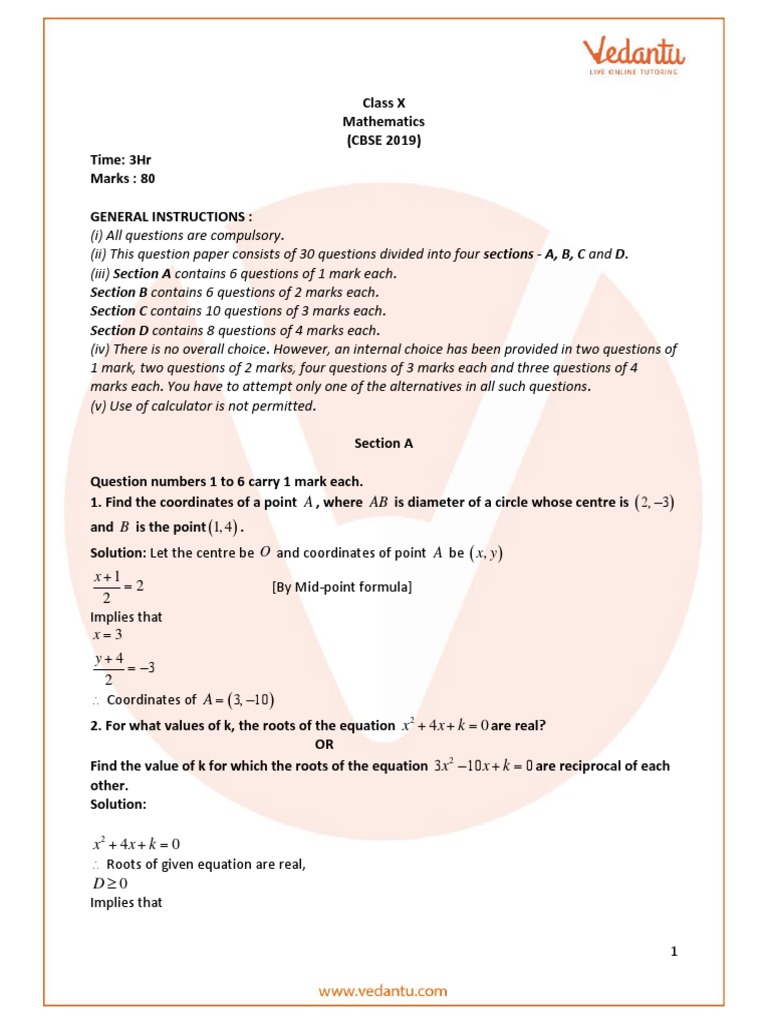 CBSE Class 10 Maths Question Paper 2019 With Solutions - Free PDF | PDF ...