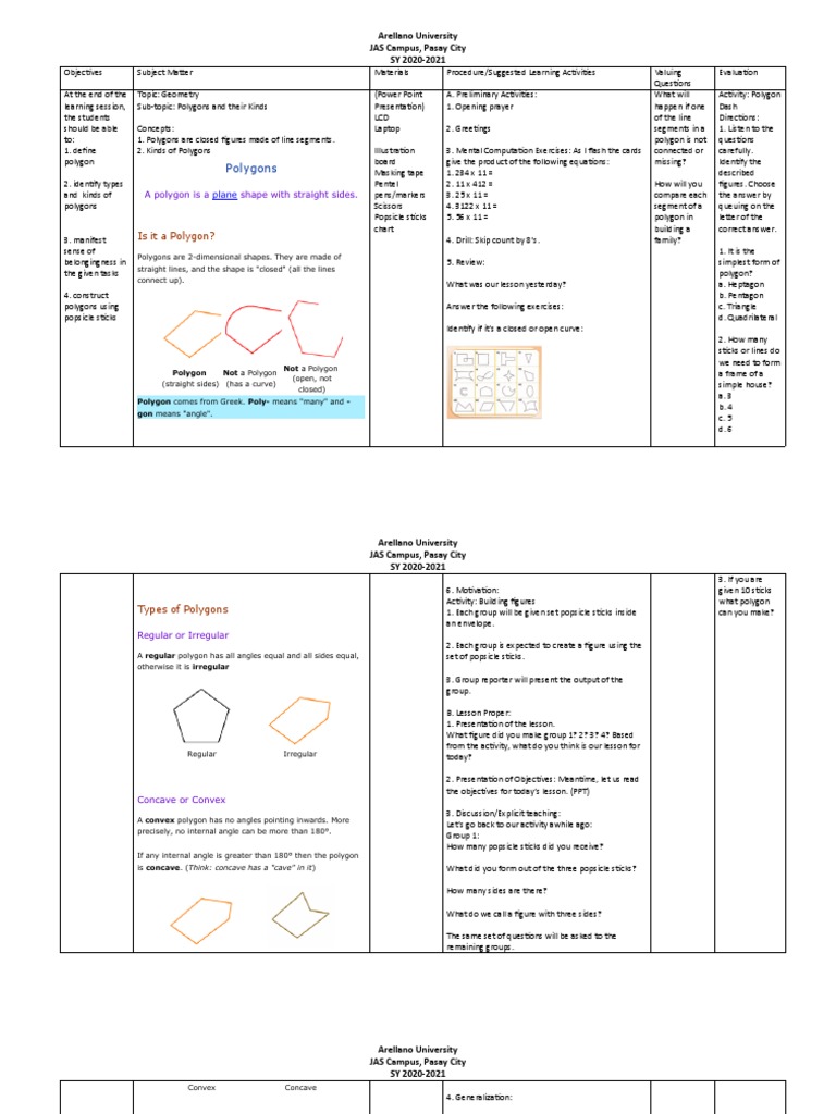 Sample Lesson Plan in Mathematics | PDF | Polygon | Polytopes