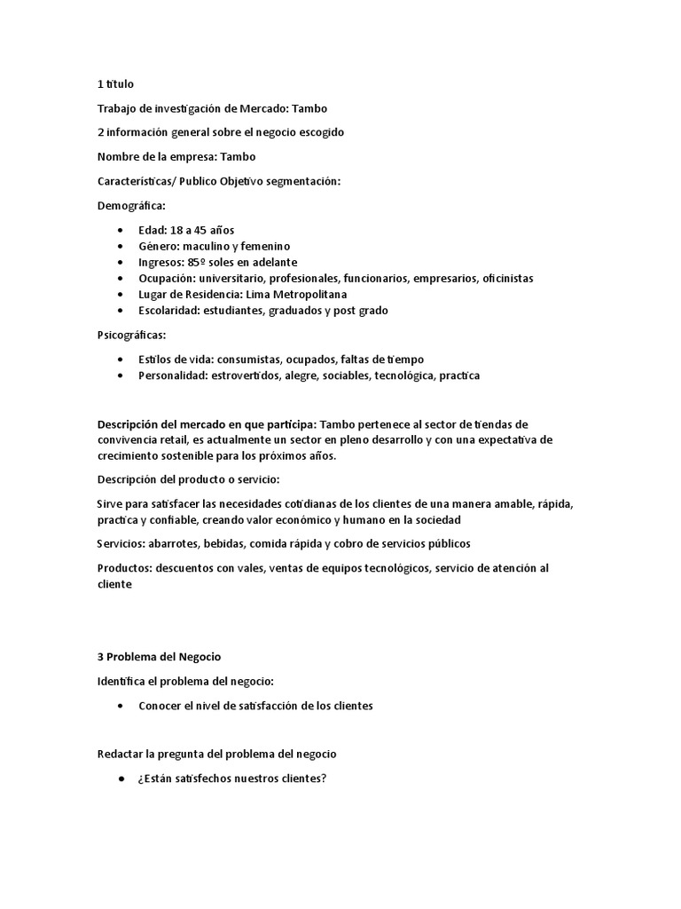 Estructura de Trabajo Final TAMBO | PDF | Cliente | La satisfacción del cliente