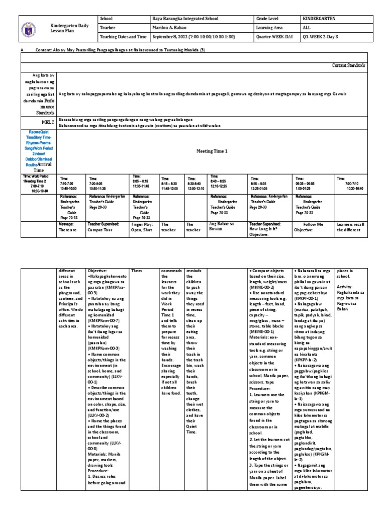 Q1-Week 2-Day 3-DLP-KINDER | PDF | Teachers | Learning