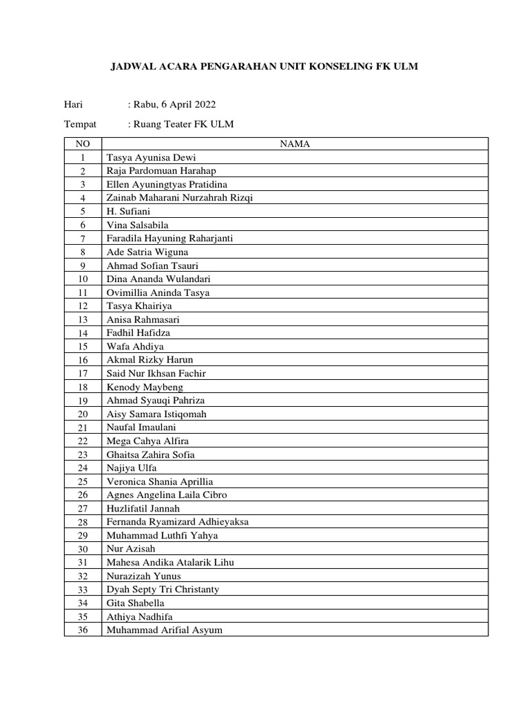 Jadwal Acara Pengarahan Unit Konseling FK Ulm | PDF