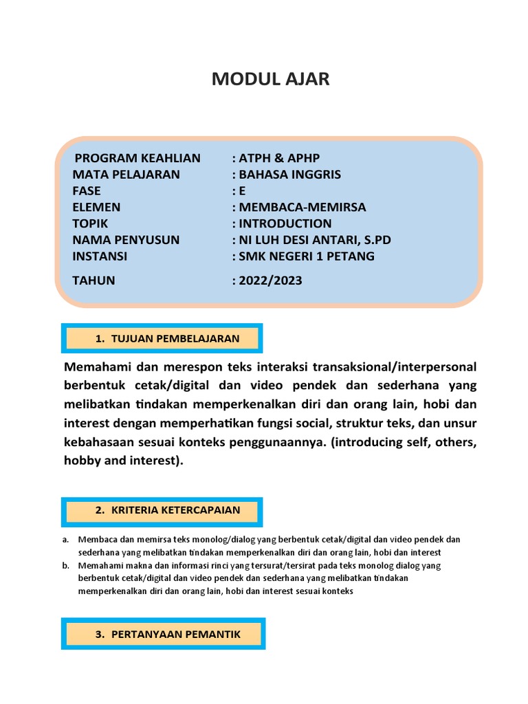 MODUL AJAR - Introduction - FASE E - Elemen 2 | PDF | Restaurants | Chef