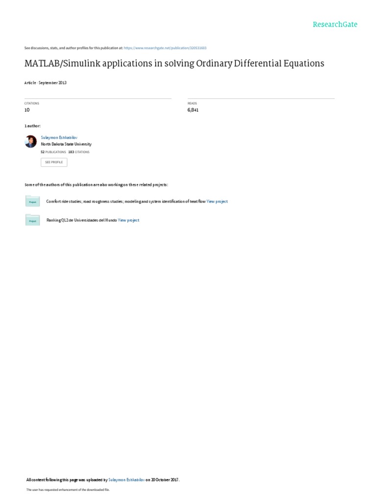 MATLAB Simulink Applications in Solving | PDF | Ordinary Differential Equation | Differential ...