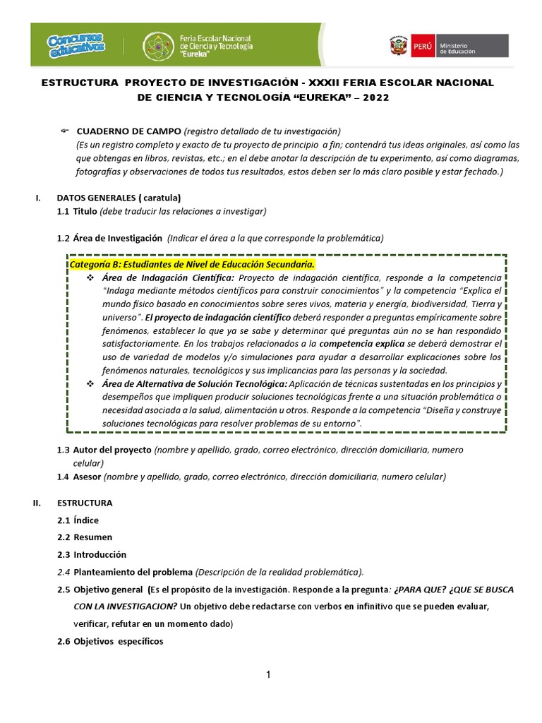 ESTRUCTURA PROYECTO DE INVESTIGACIÓN-FENCYT 2022 | PDF | Experimentar | Science