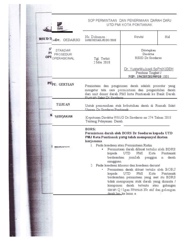 Sop 2. Permintaan Dan Penerimaan Darah Dari Utd Pmi Kota Pontianak | PDF