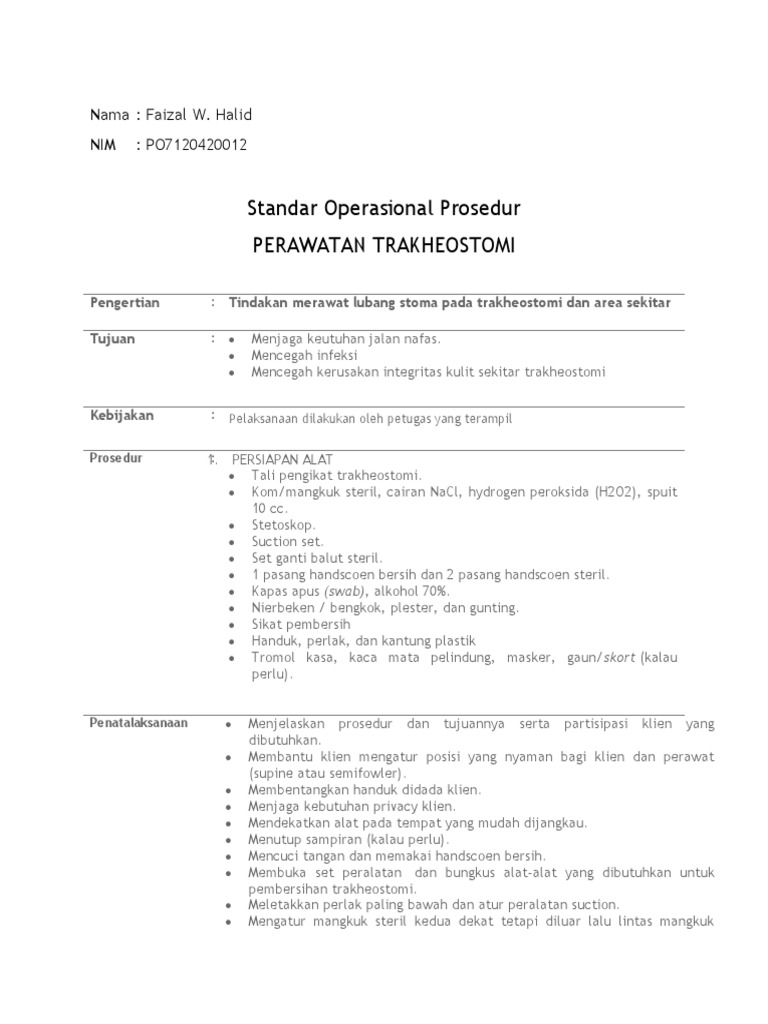 SOP Perawatan Trakeostomi | PDF