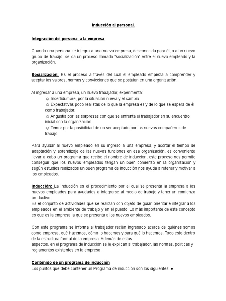 Inducción Al Personal. | PDF | Business | Gestión de recursos humanos
