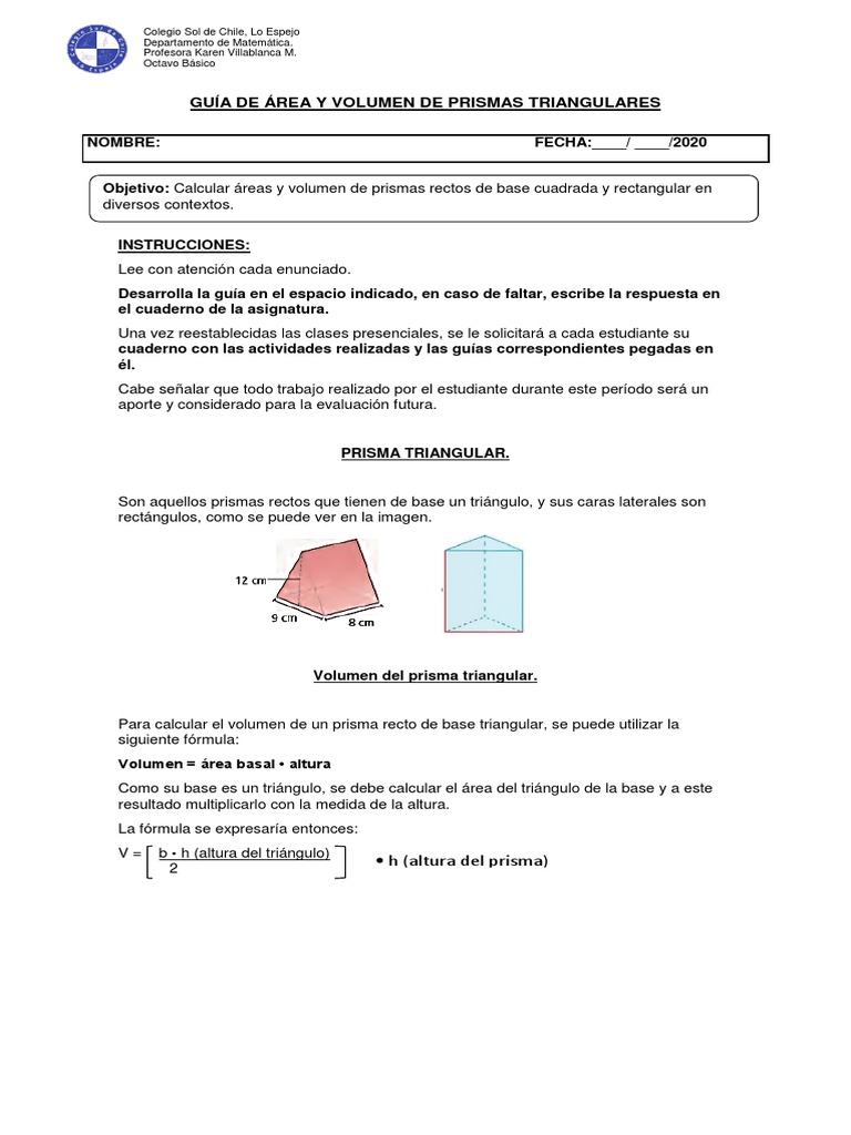 8° Básico GUÍA DE ÁREA y Volumen de Prisma Triangular 2020 | PDF ...
