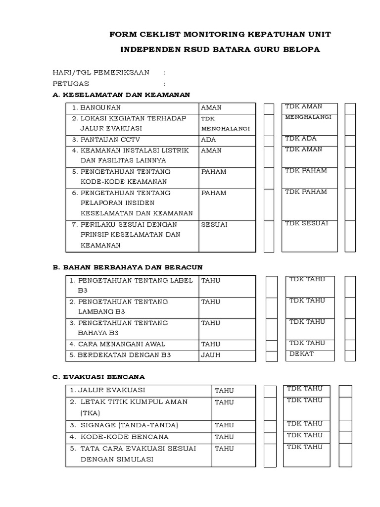 Ceklist Monitoring Kepatuhan Unit Independen | PDF