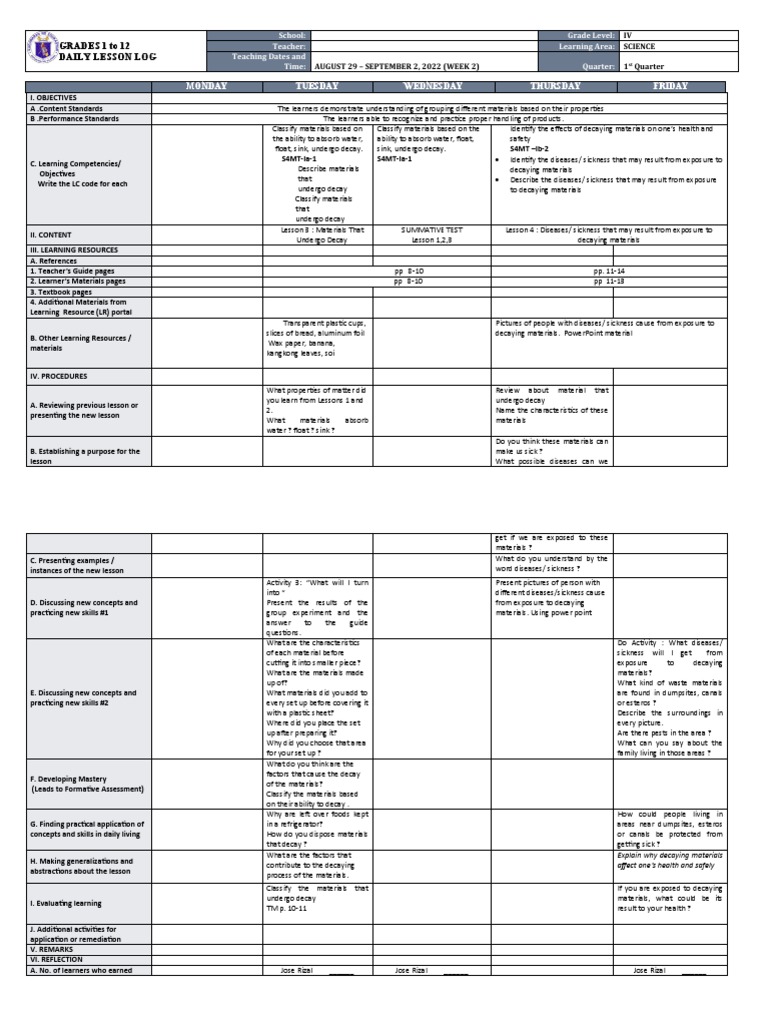 DLL - Science 4 - Q1 - W2 | PDF | Learning | Cognitive Science
