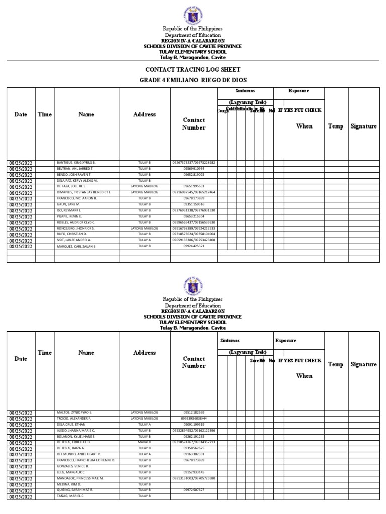 Cavite School Contact Tracing Log | PDF
