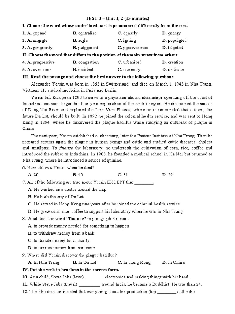 TEST 3 - Unit 1, 2 (15 Minutes) | PDF | Health Sciences