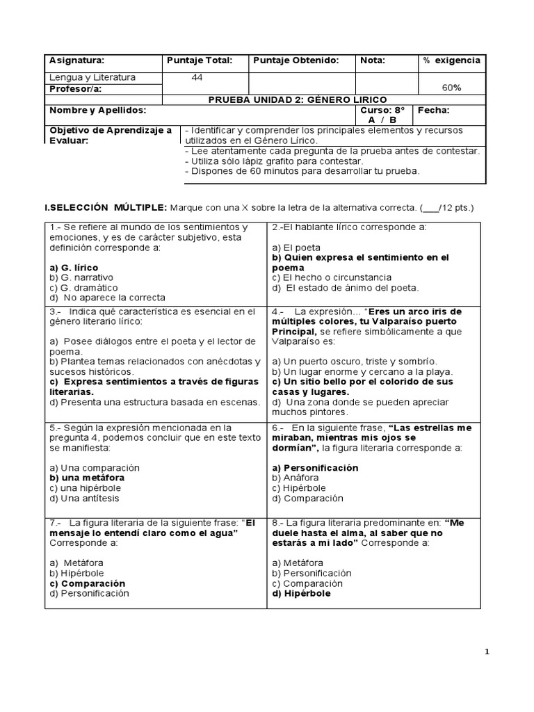 Prueba 8° Género Lírico | PDF | Metáfora
