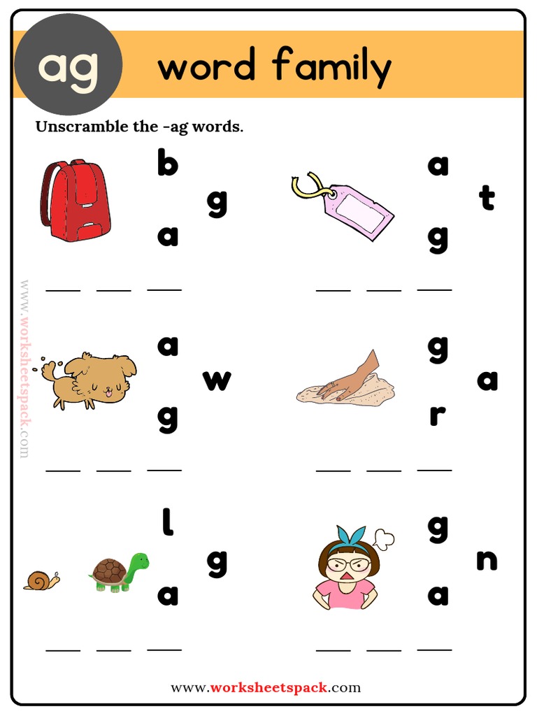 Ag Word Family Unscramble The Words Free Sheets | PDF