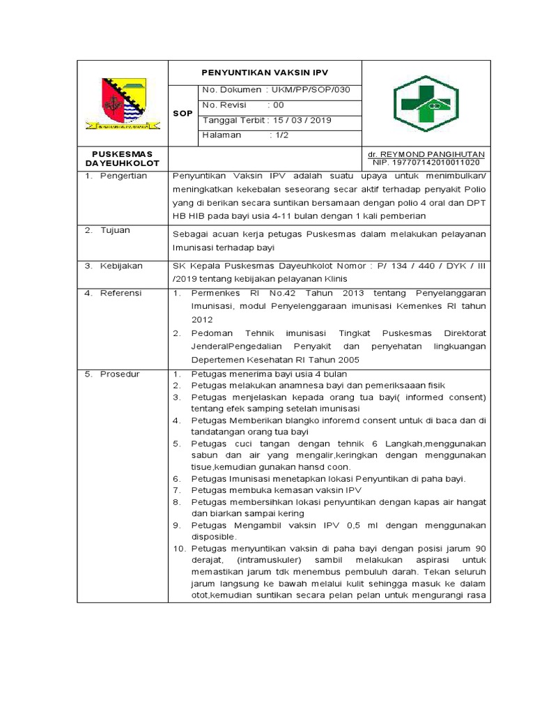 Sop Penyuntikan Vaksin Ipv Puskesmas Dayeuhkolot | PDF