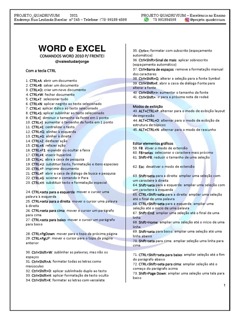 Comandos - Word e Excel | PDF | Janela (informática) | Planilha