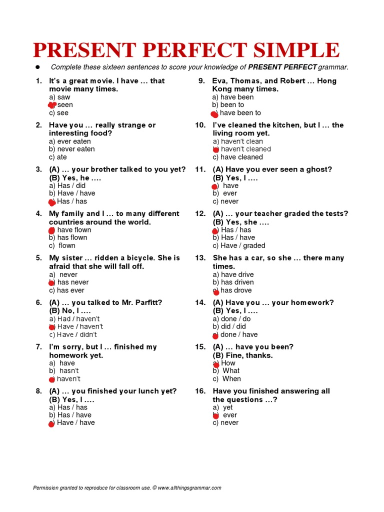 Present Perfect Quiz 2 | PDF