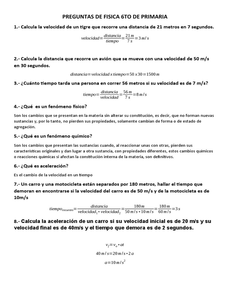 Preguntas de Fisica 6to de Primaria | PDF | Velocidad
